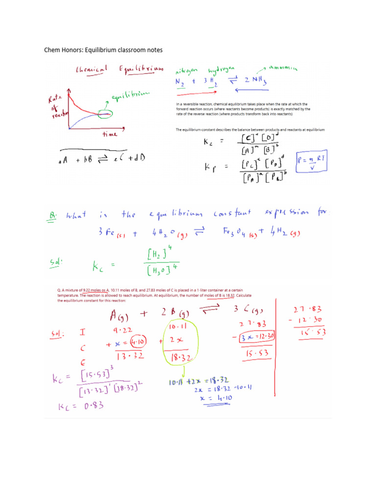 Chem Honors - Equilibrium Classroom Notes | PDF