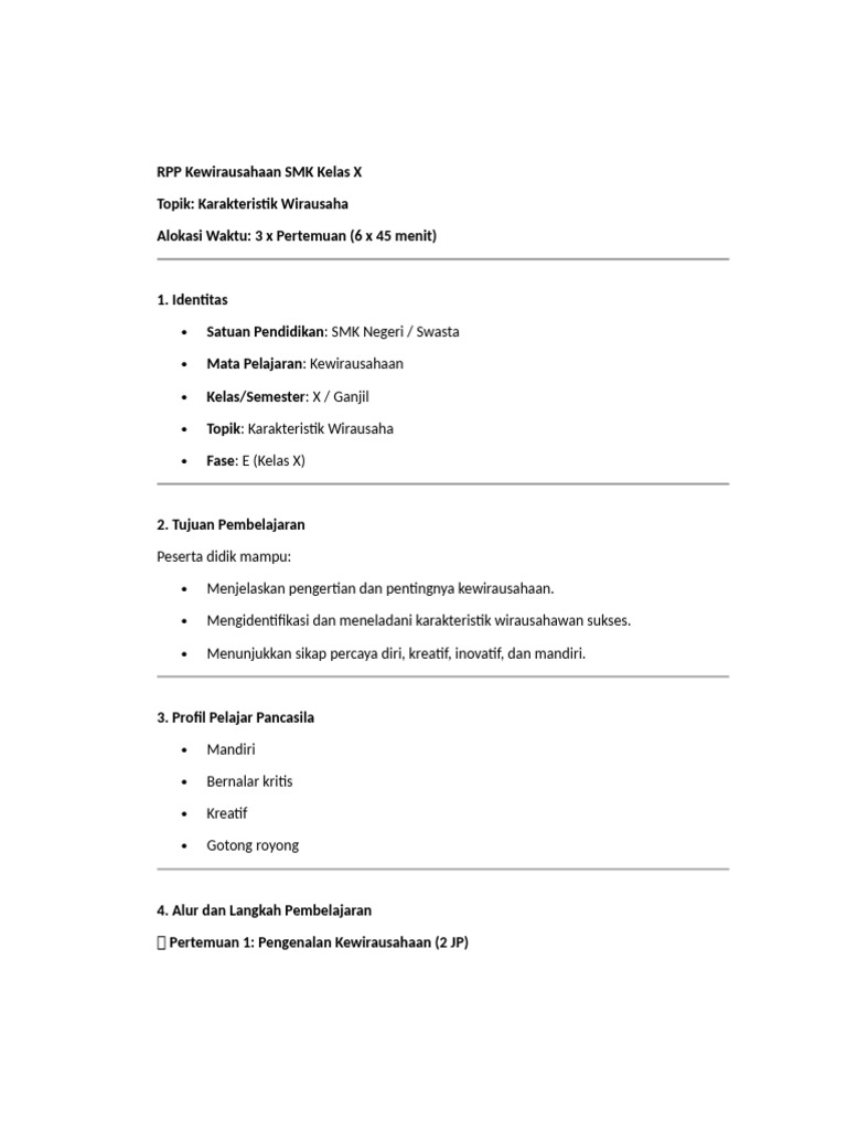 RPP Kewirausahaan SMK Kelas X | PDF