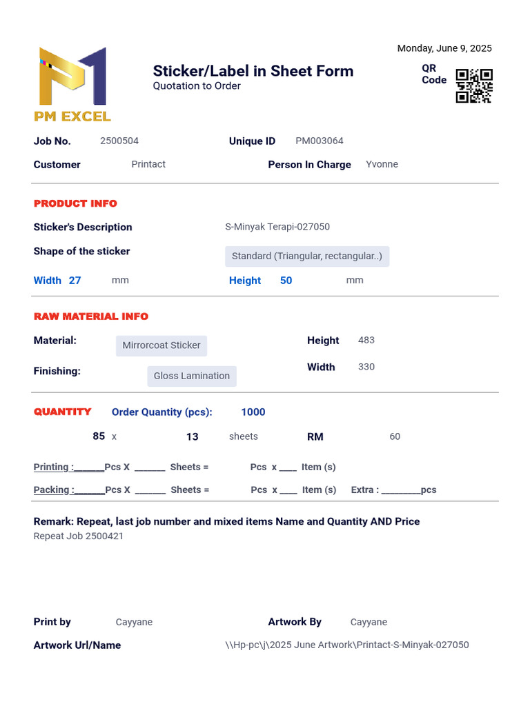 Sticker/Label in Sheet Form: Quotation To Order | PDF