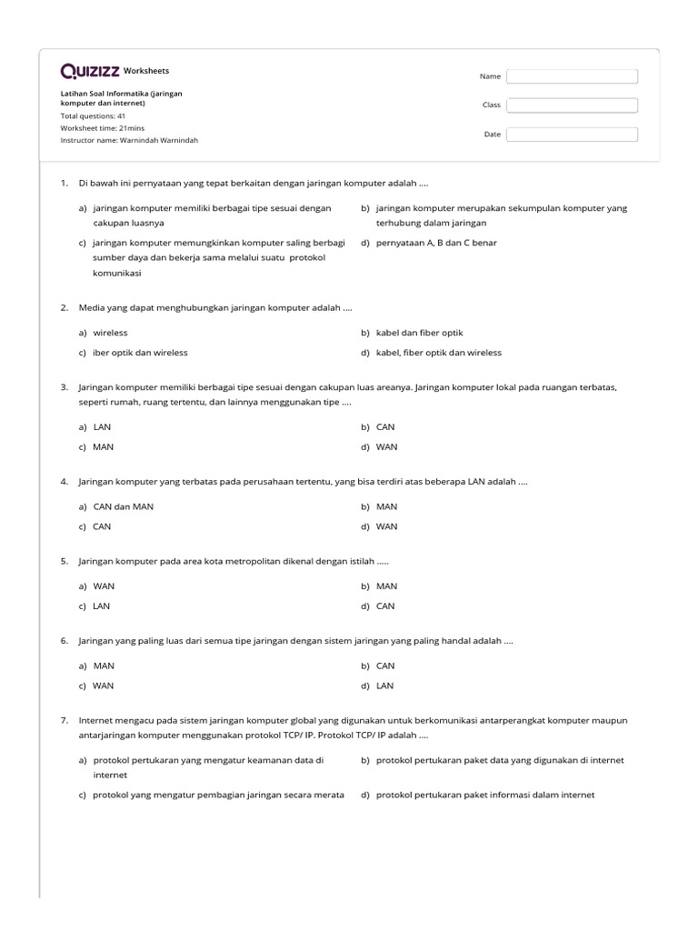 Latihan Soal Informatika (Jaringan Komputer Dan Internet) - Quizizz | PDF