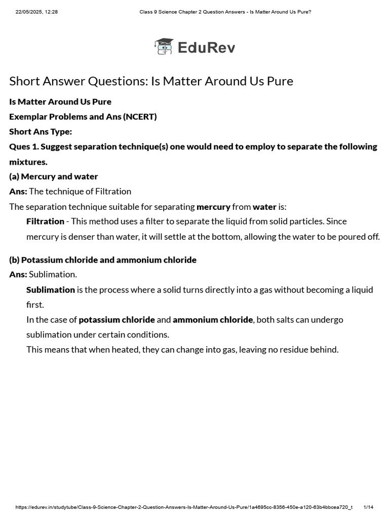 Class 9 Science Chapter 2 Question Answers - Is Matter Around Us Pure ...