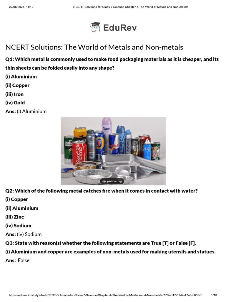 NCERT Solutions For Class 7 Science Chapter 4 The World of Metals and ...