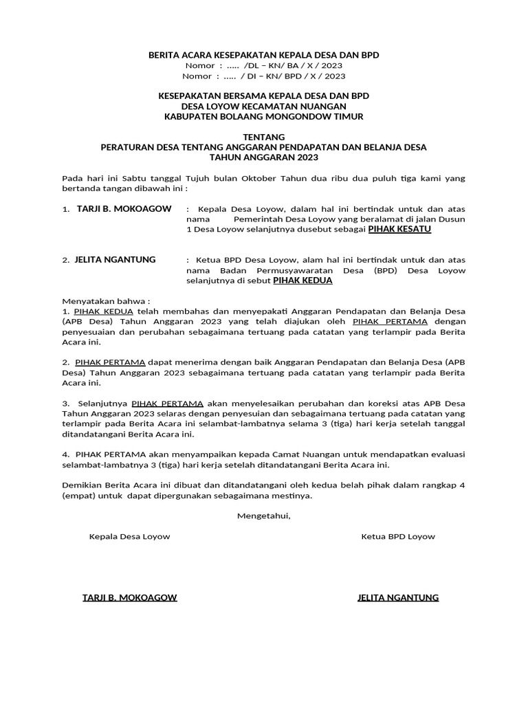 Berita Acara Kesepakatan Kepala Desa Dan BPD | PDF