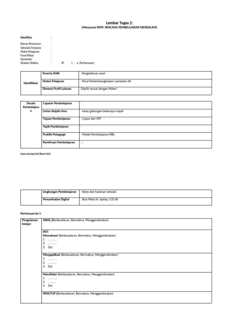Lembar Tugas 2 - Menyusun RPP MA Deep Learning - GES | PDF