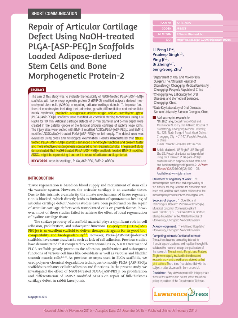 Repair of Articular Cartilage | PDF | Tissue Engineering | Cartilage