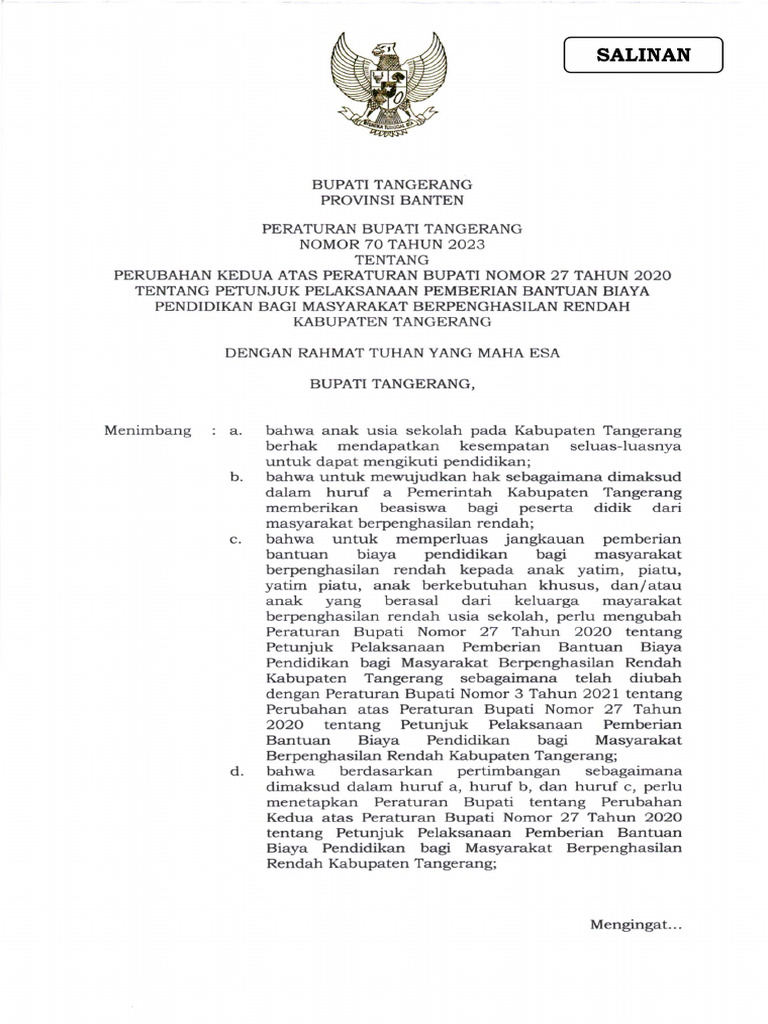 Perbup 70 Tahun 2023 | PDF