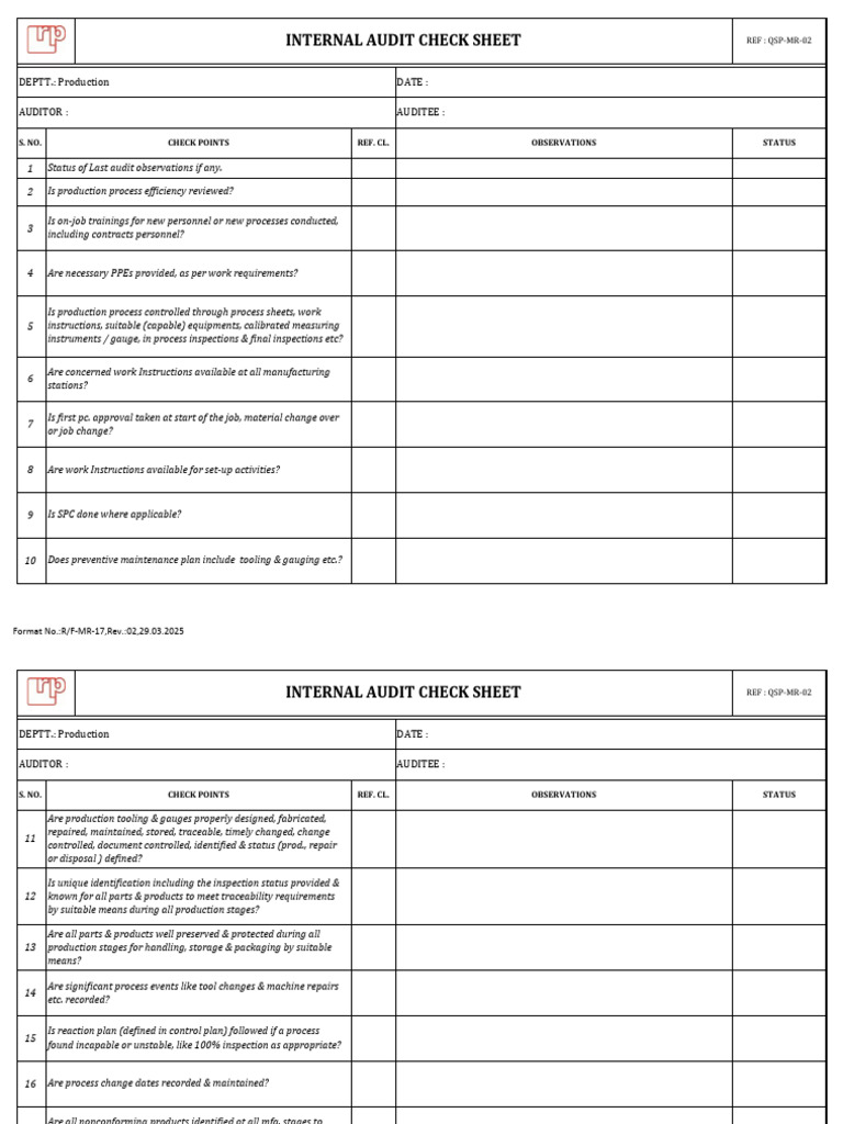 01 S7 - R F MR 17 Internal Audit Checksheet Production | PDF | Audit ...