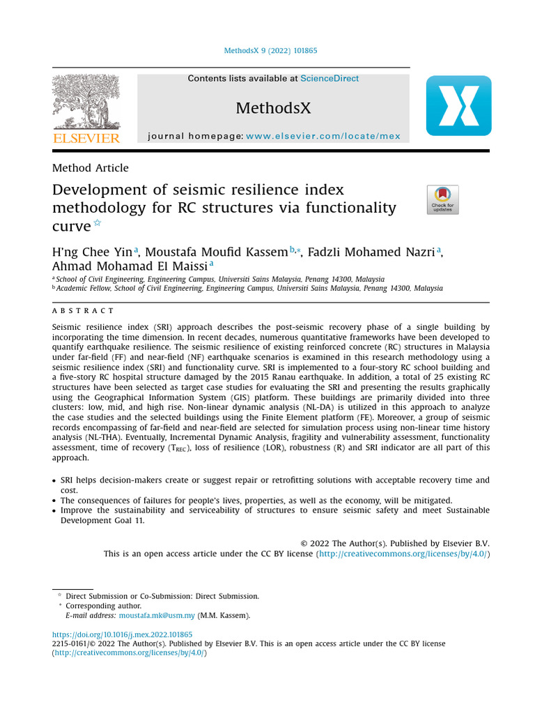 Chee Et Al. - (2022) - MethodsX Development of Seismic Resilience Index Methodology For RC ...