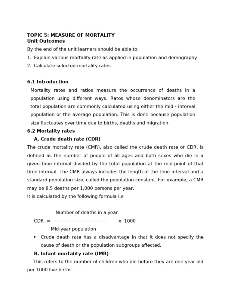 Topic 5 - Measures of Mortality | PDF | Mortality Rate | Maternal Death