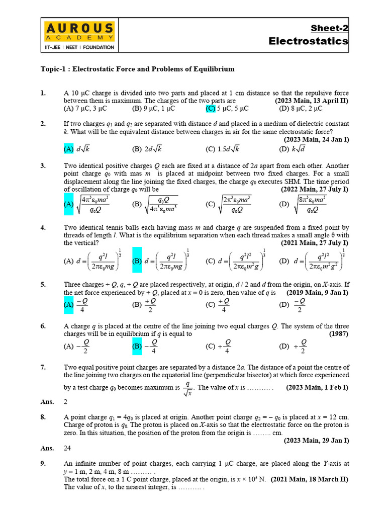 Electro Statics Sheet-2 | PDF | Electric Field | Sphere