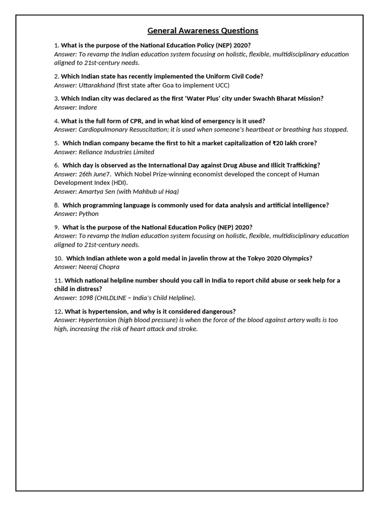 General Awareness Questions Pdf