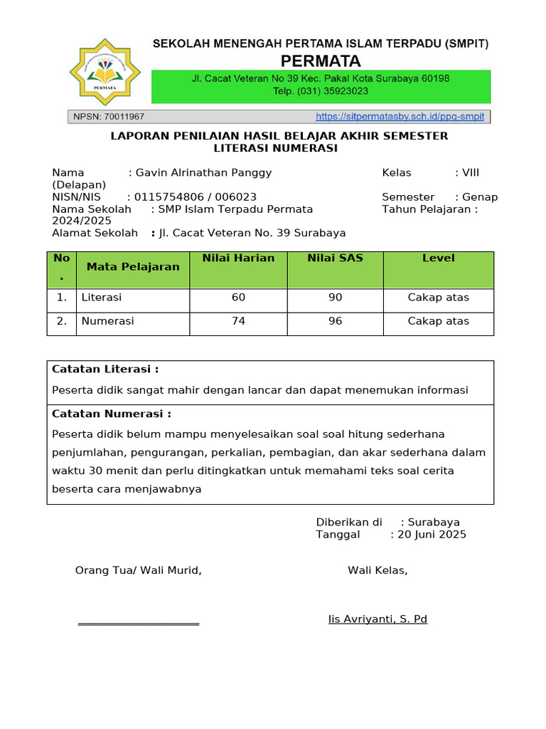 Salinan Format Raport Literasi Numerasi | PDF