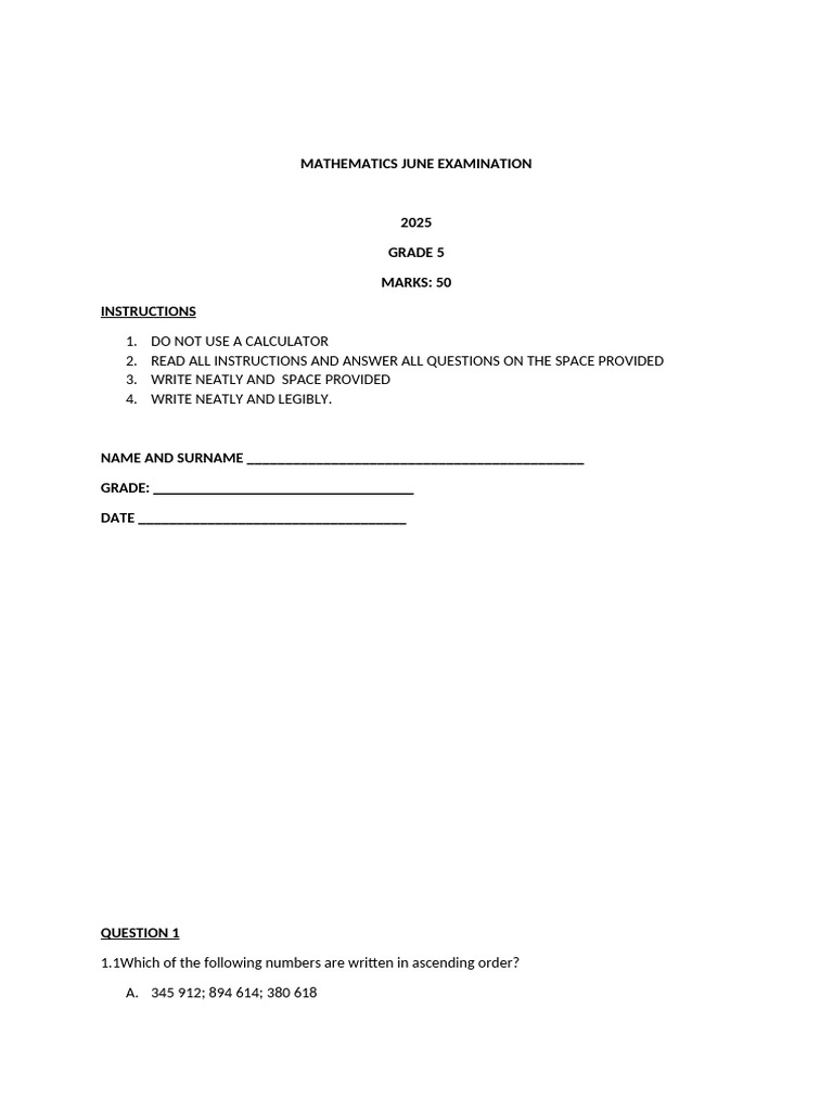 Maths Test 5 2025 Term 2 | PDF | Mathematics