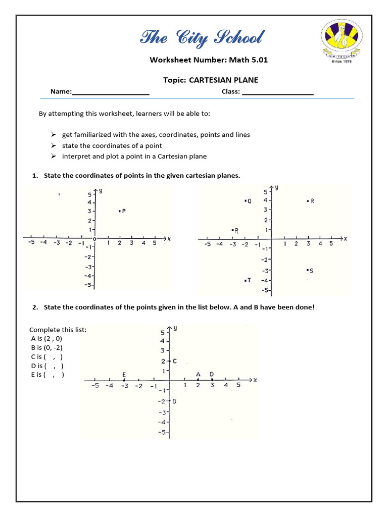 Class 6 Cartesian Plane Worksheet | PDF