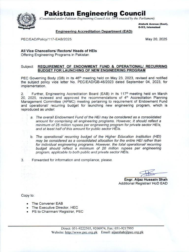 Requirement of Endowment Fund & Ope Recurrng Budget Letter To HEIs ...