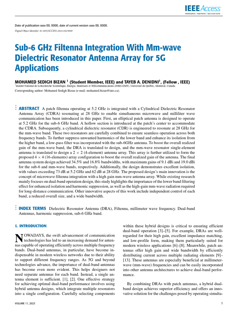 Sub 6 GHZ Filtenna Integration With MM Wave Dielectric Resonator ...