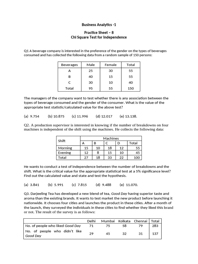 Practice Sheet 8 - Chi Square Test of Independence | PDF | Chi Squared ...