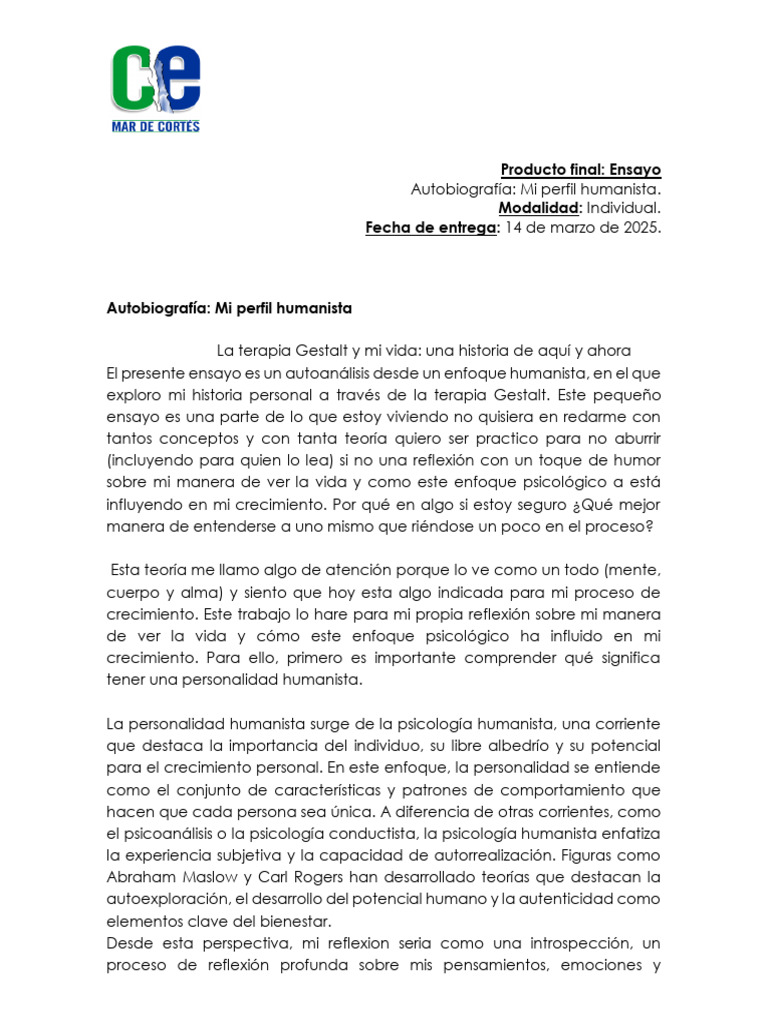 Ensayo Autobiografia DAniel Achoy | PDF | Sicología | Terapia Gestalt