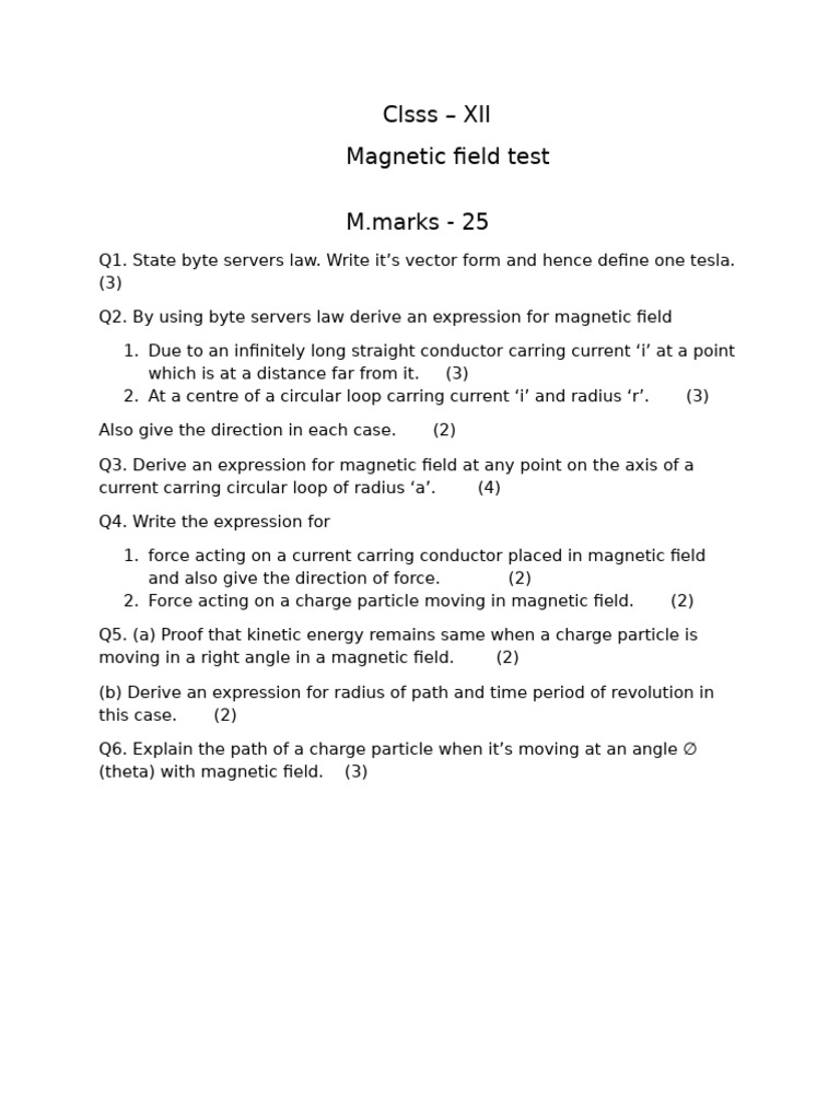 Class 12 Magnetic Field Test | PDF