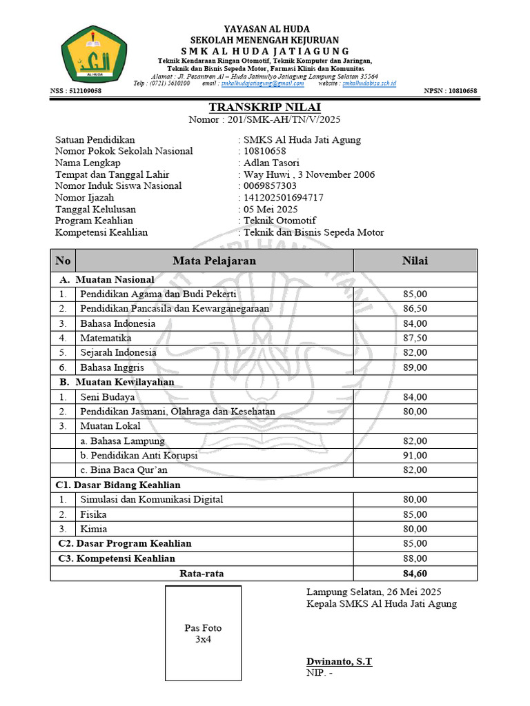Transkrip Nilai Jurusan TBSM Tahun 2025 | PDF