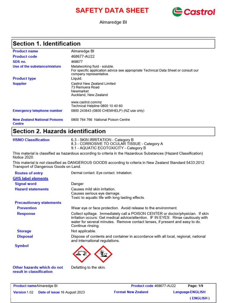 Castrol Almaredge BI Sds en | PDF | Dangerous Goods | Chemistry