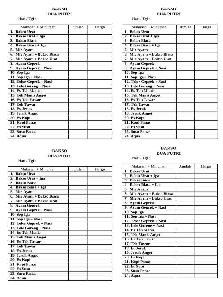 Menu Makanan Bakso Dua Putri | PDF