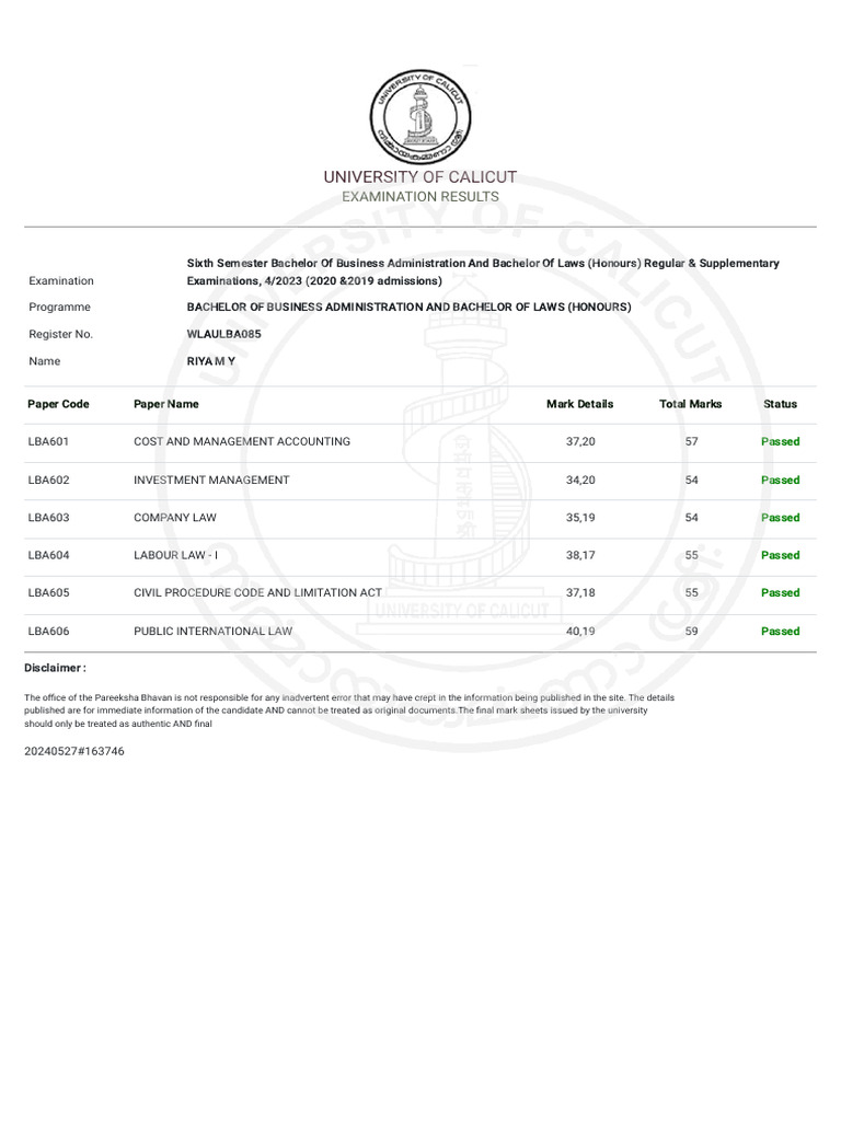 University of Calicut - Online Results | PDF