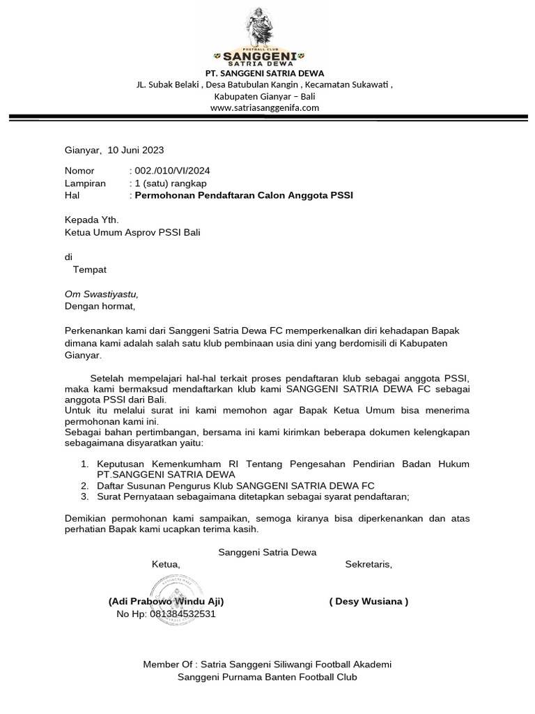 Surat 01 - Permohonan Anggota Pssi Bali Sanggeni Satria Dewa | PDF