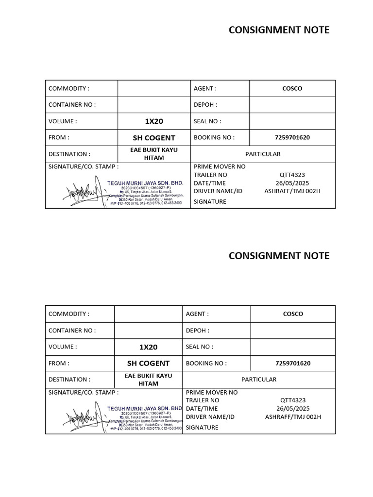 Consignment Note Kontena | PDF