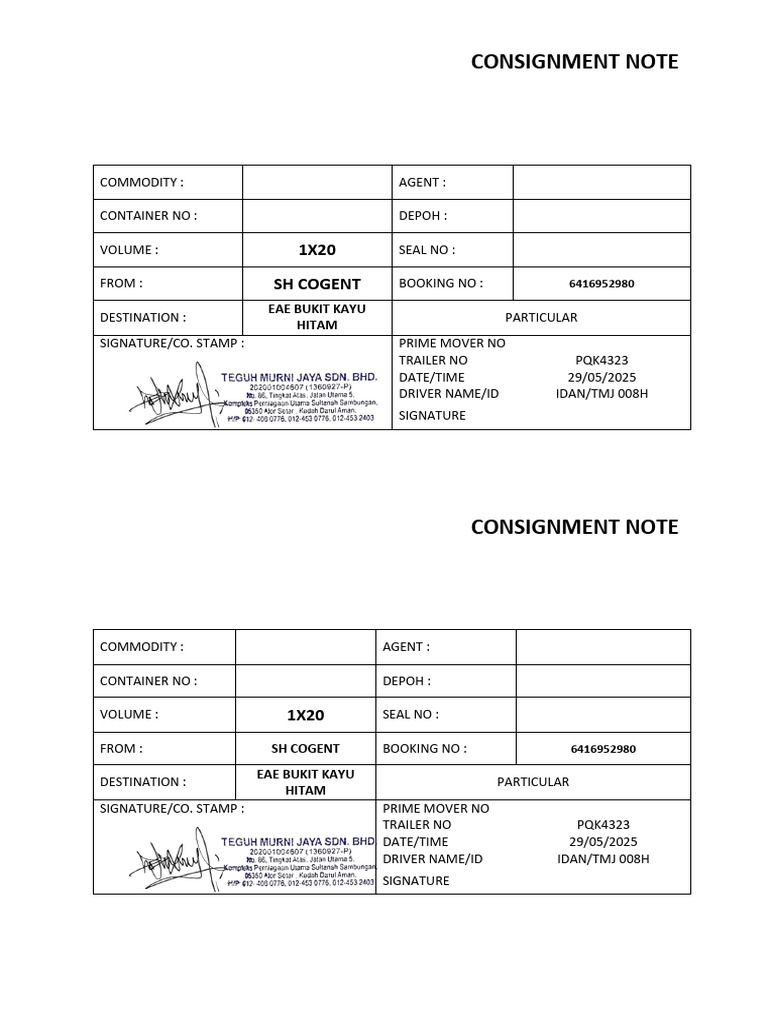 Consignment Note Kontena | PDF