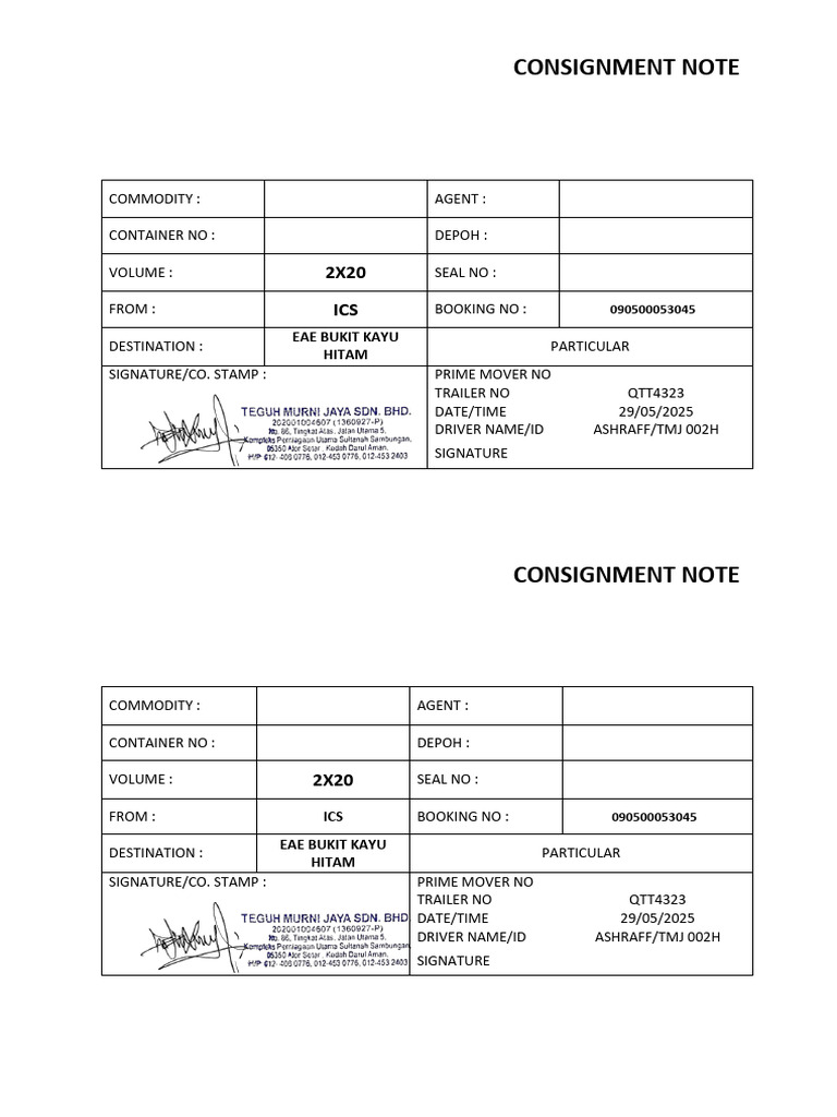 Consignment Note Kontenaaa | PDF