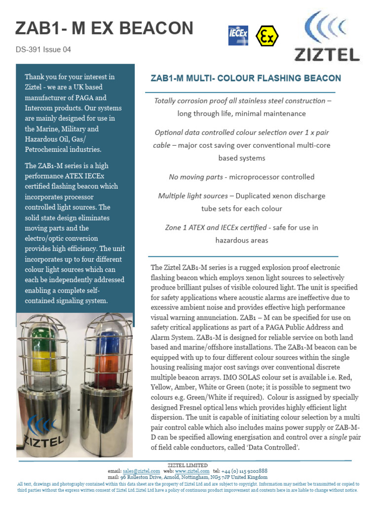 Ds-391 Issue 04 (Zab1-M Atex Iecex Beacon) | PDF | Alternating Current | Color