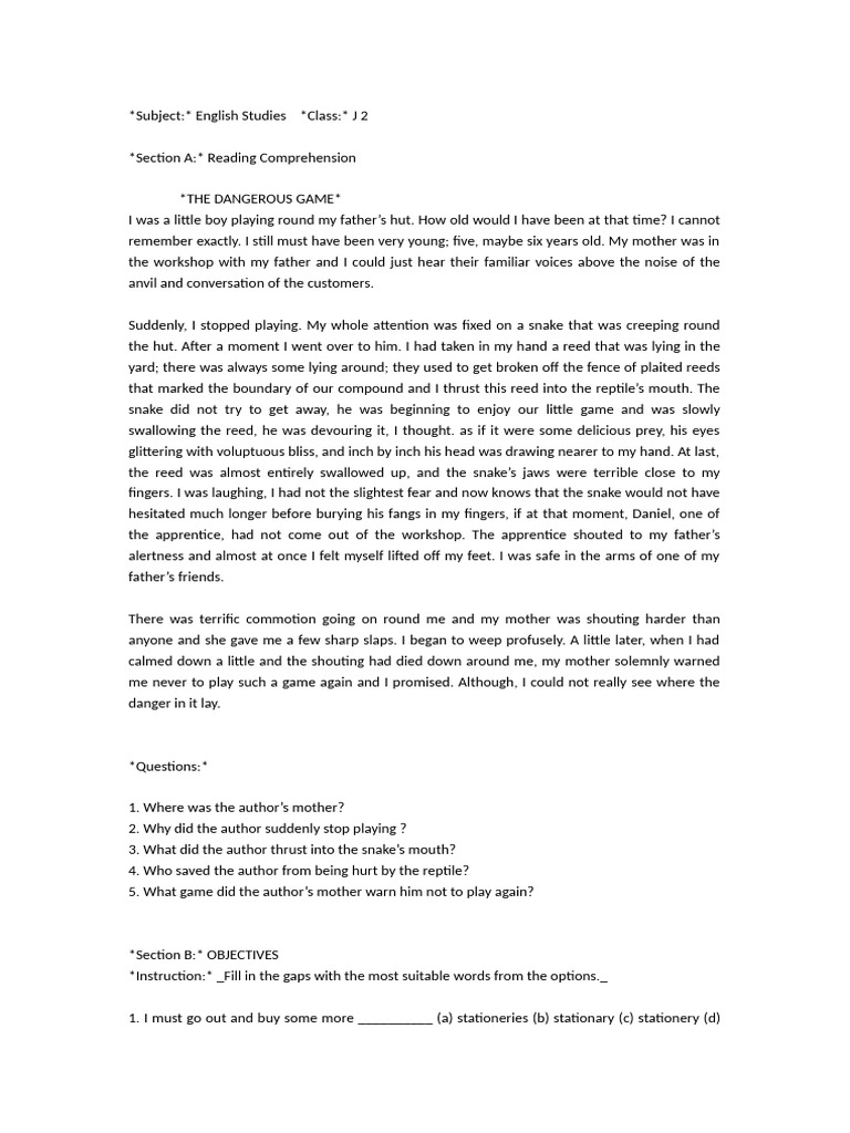 Subject English. Junior TWO | PDF