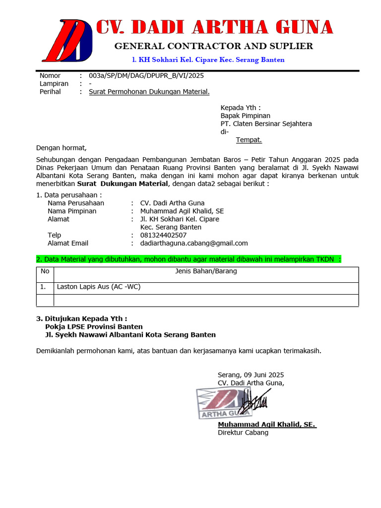 Permohonan Dukungan Material - Laston Lapis Aus AC-WC - PT. Claten ...
