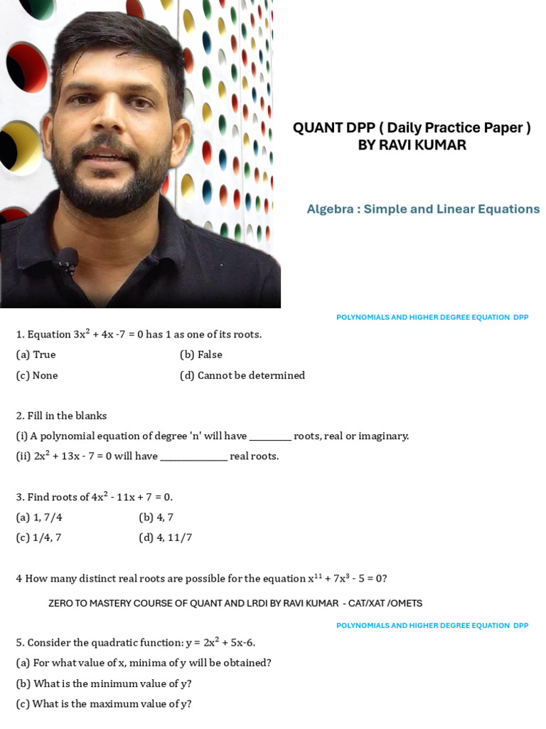 Quadratic Polynomial and Higher Degree Equation DPP | PDF | Zero Of A ...