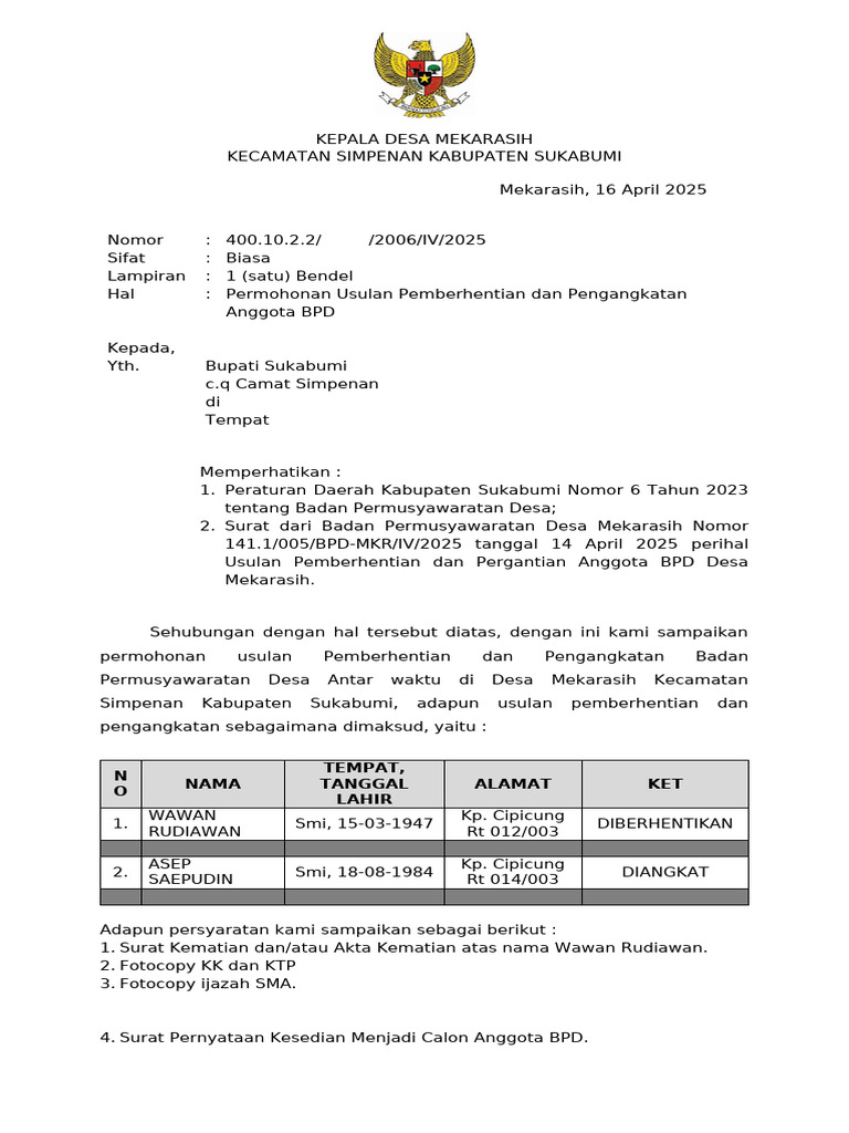 Surat Usulan Anggota BPD | PDF