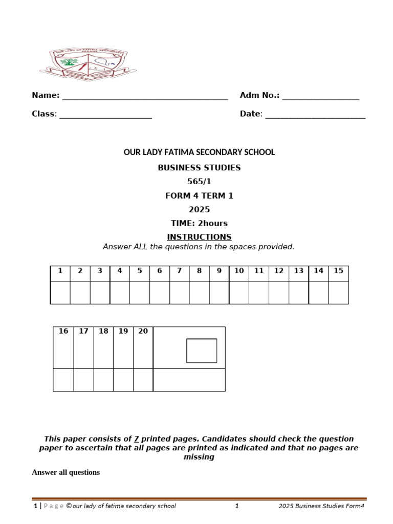 Business Studies 2025 Term1-Form4 Pre-Mock-MainExam PP1 QNS | PDF ...