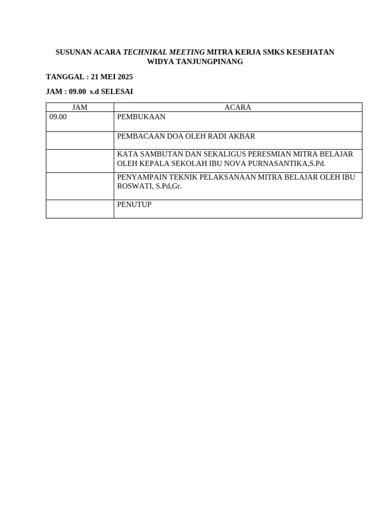 Susunan Acara Technikal Meeting Mitra Kerja Smks Kesehatan Widya Tanjungpinang | PDF