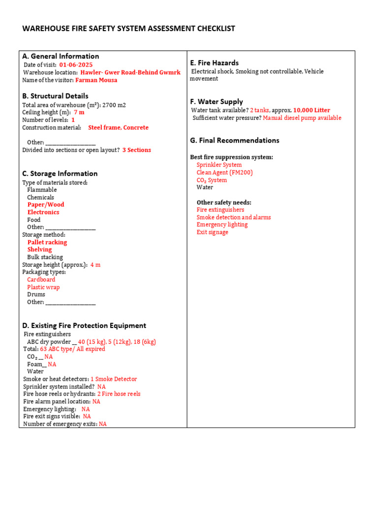 Warehouse Fire Safety Assessment Checklist | PDF