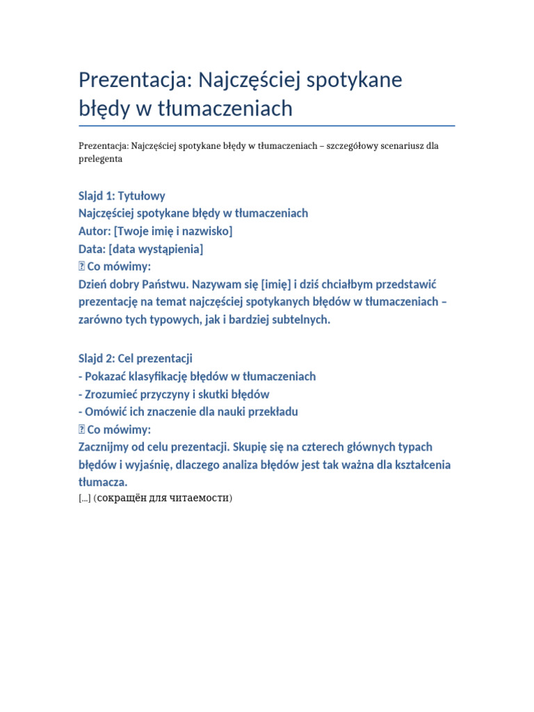 Prezentacja Bledy W Tlumaczeniach | PDF