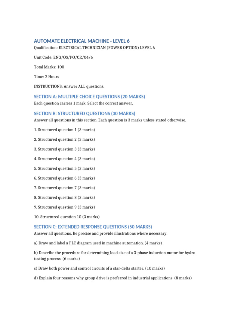 Automate Electrical Machine Exam Level6 | PDF