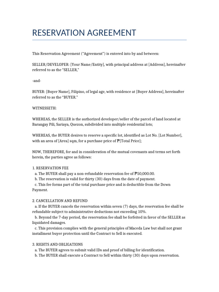 Reservation Agreement | PDF