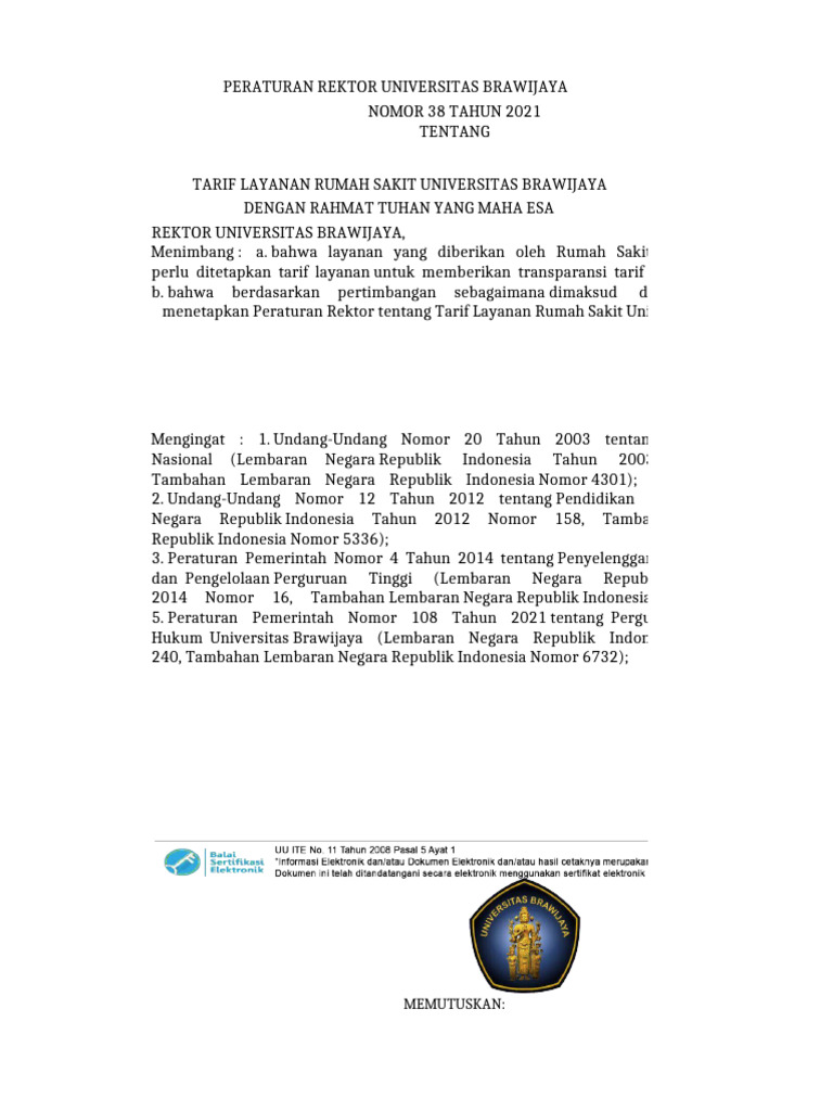 Tarif Layanan RS Universitas Brawijaya | PDF