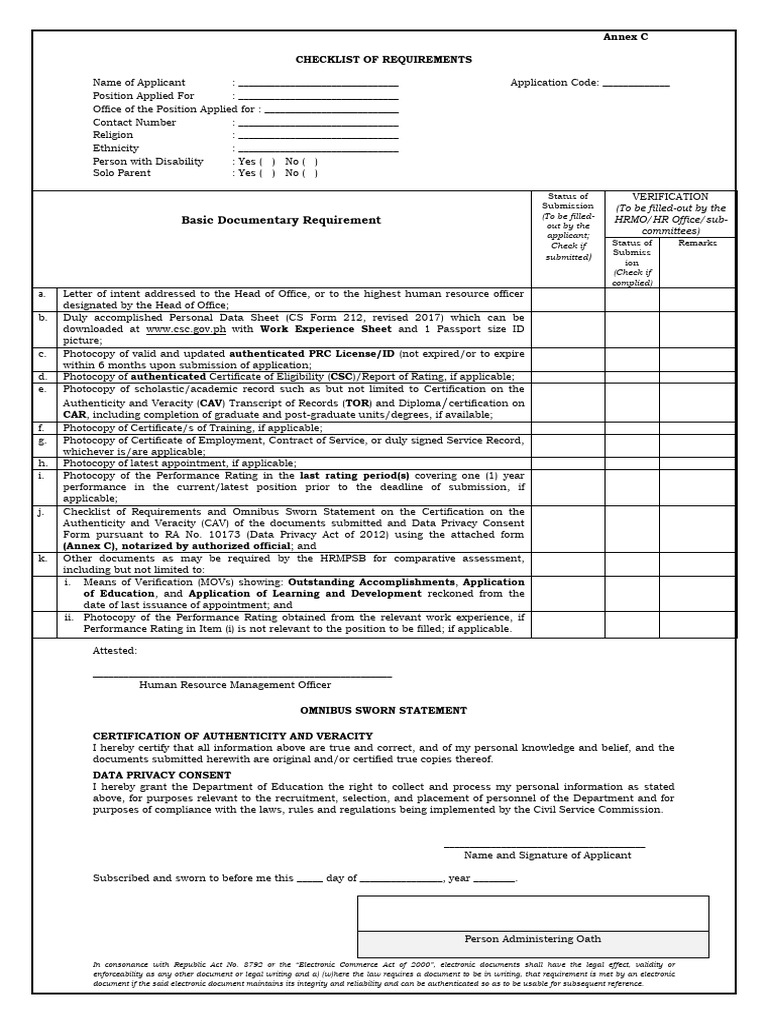 Annex C Checklist of Requirements | PDF | Notary Public