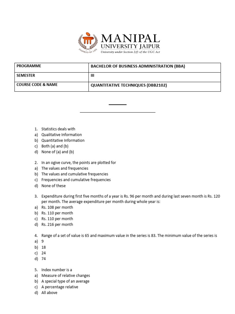 DBB2102 - Quantitative Techniques - Model Question Paper | PDF | Quartile | Statistical Theory