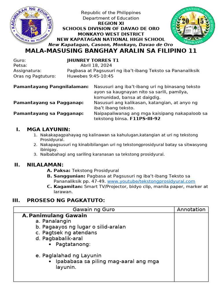 Lesson Plan COT Fil11 4th | PDF