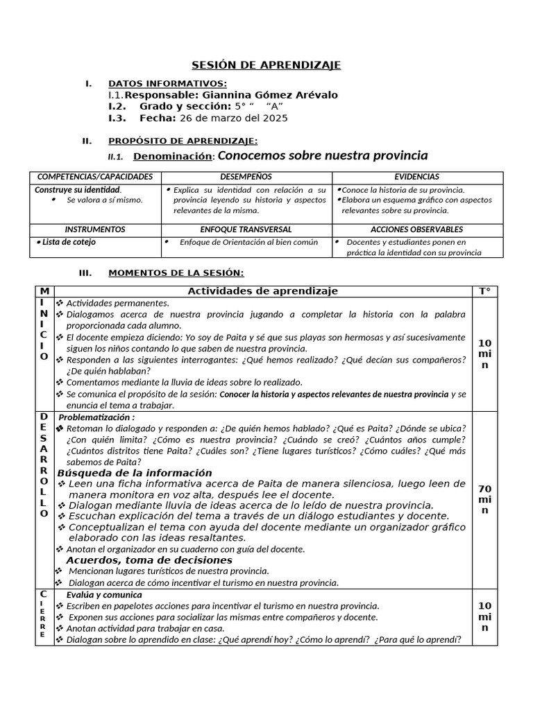 Sesión de Aprendizaje Del La Provincia de Paita | PDF | Aprendizaje