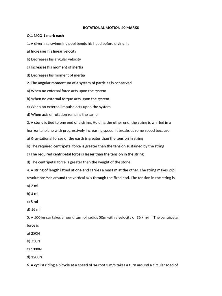 Rotational Motion 30 Marks | PDF | Rotation Around A Fixed Axis | Force