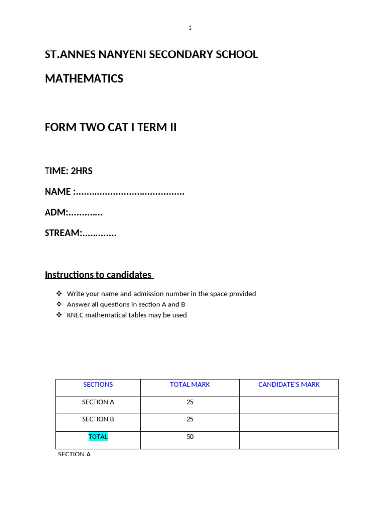 Mathematics Form Two Cat I Term II 2025 | PDF | Numbers | Arithmetic