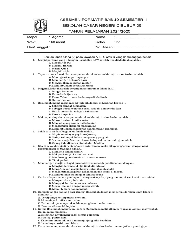 Asesmen Formatif Kelas 4 Bab 10 | PDF